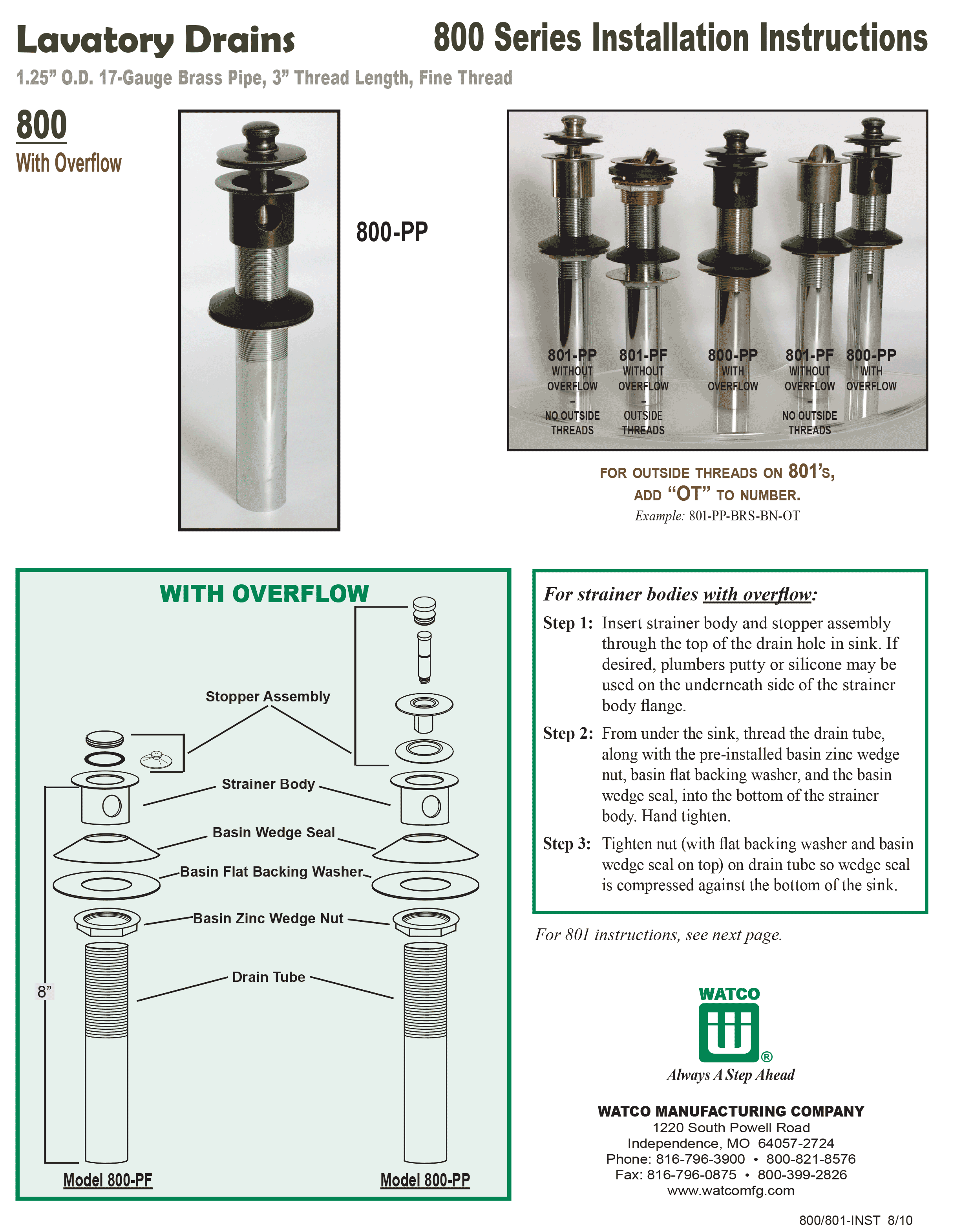 Watco 800 Series Installation Instructions Lavatory Drains