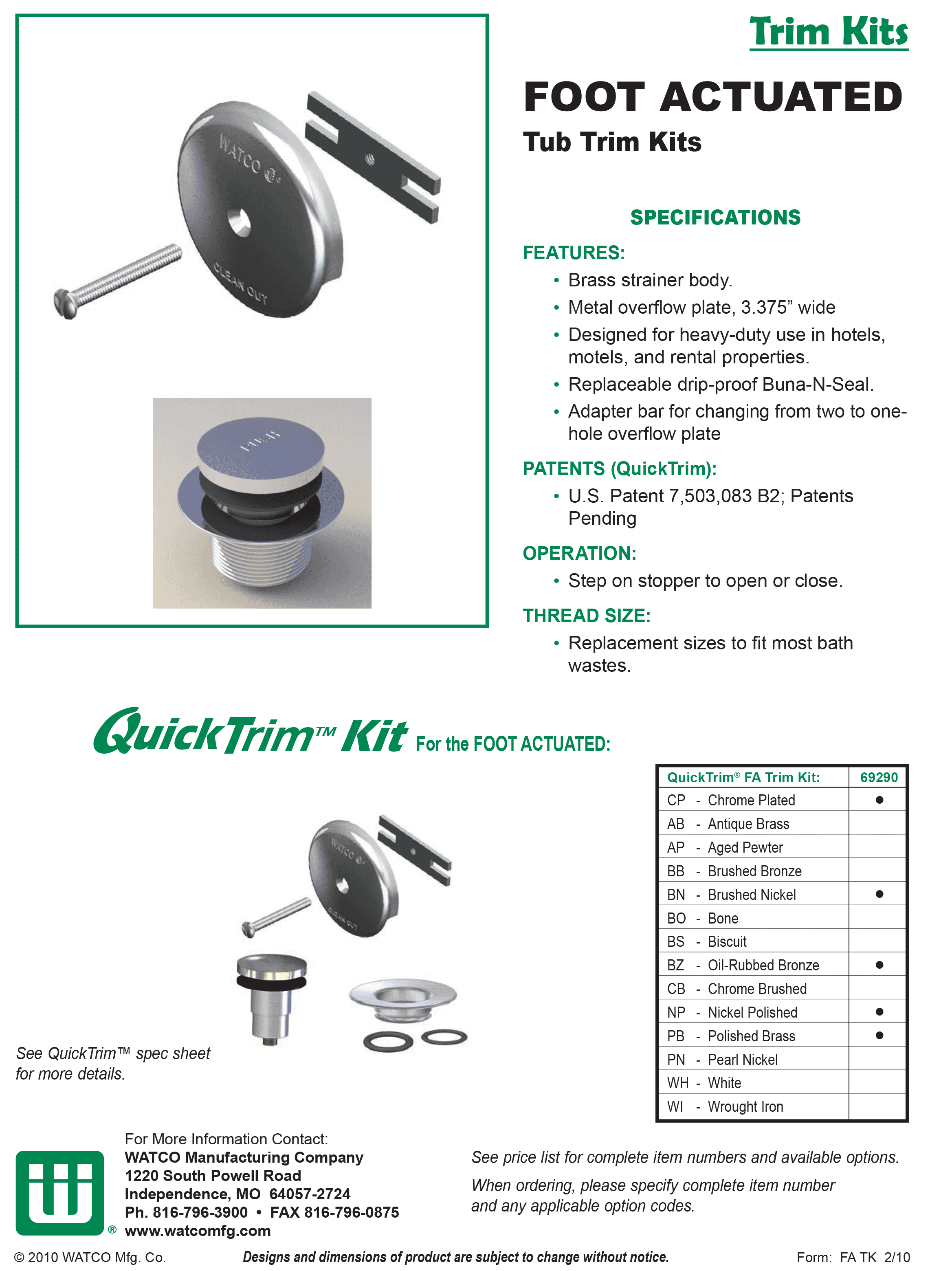 Foot Actuated Tub Trim Kits